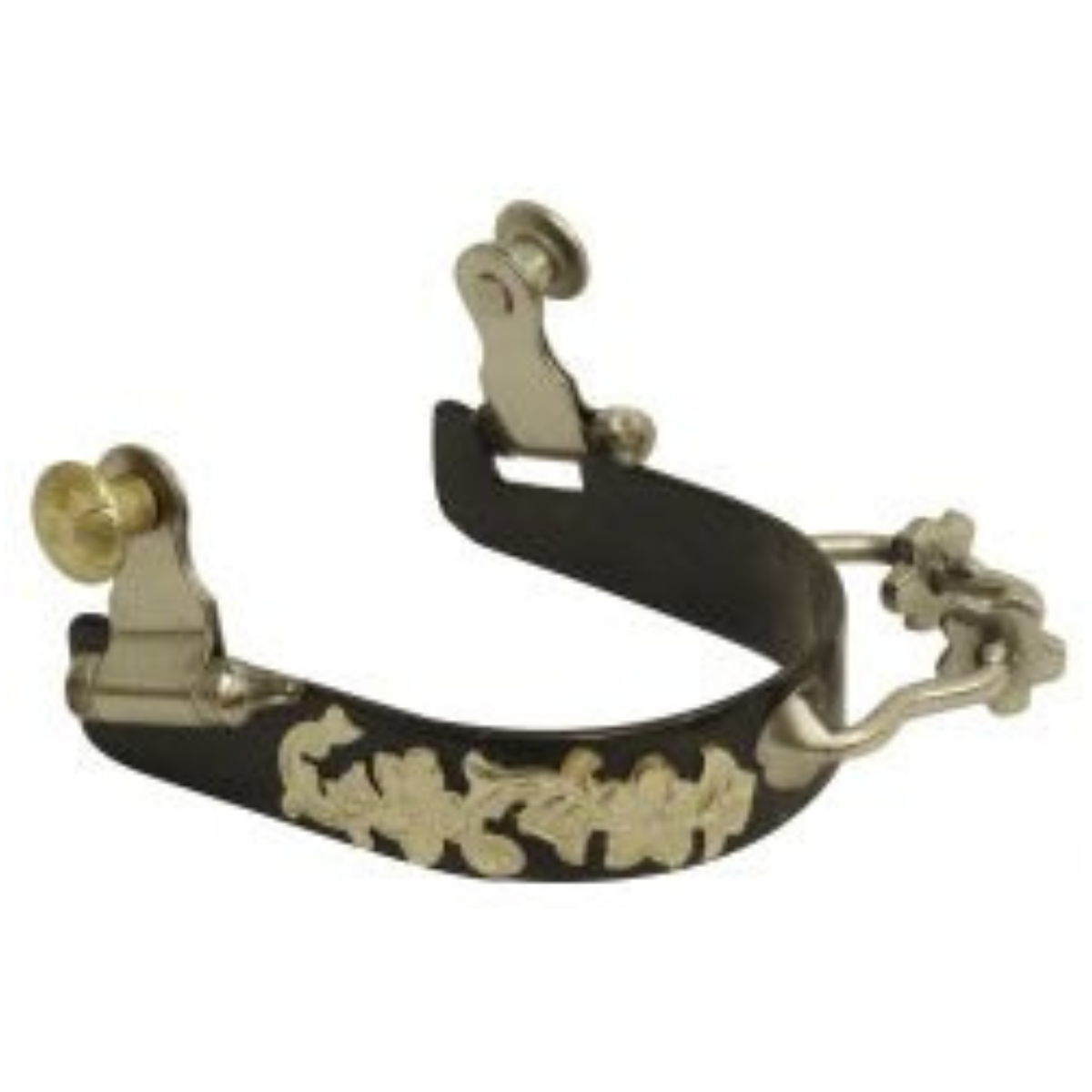 Ladies black steel bumper rowel spur with silver overlays