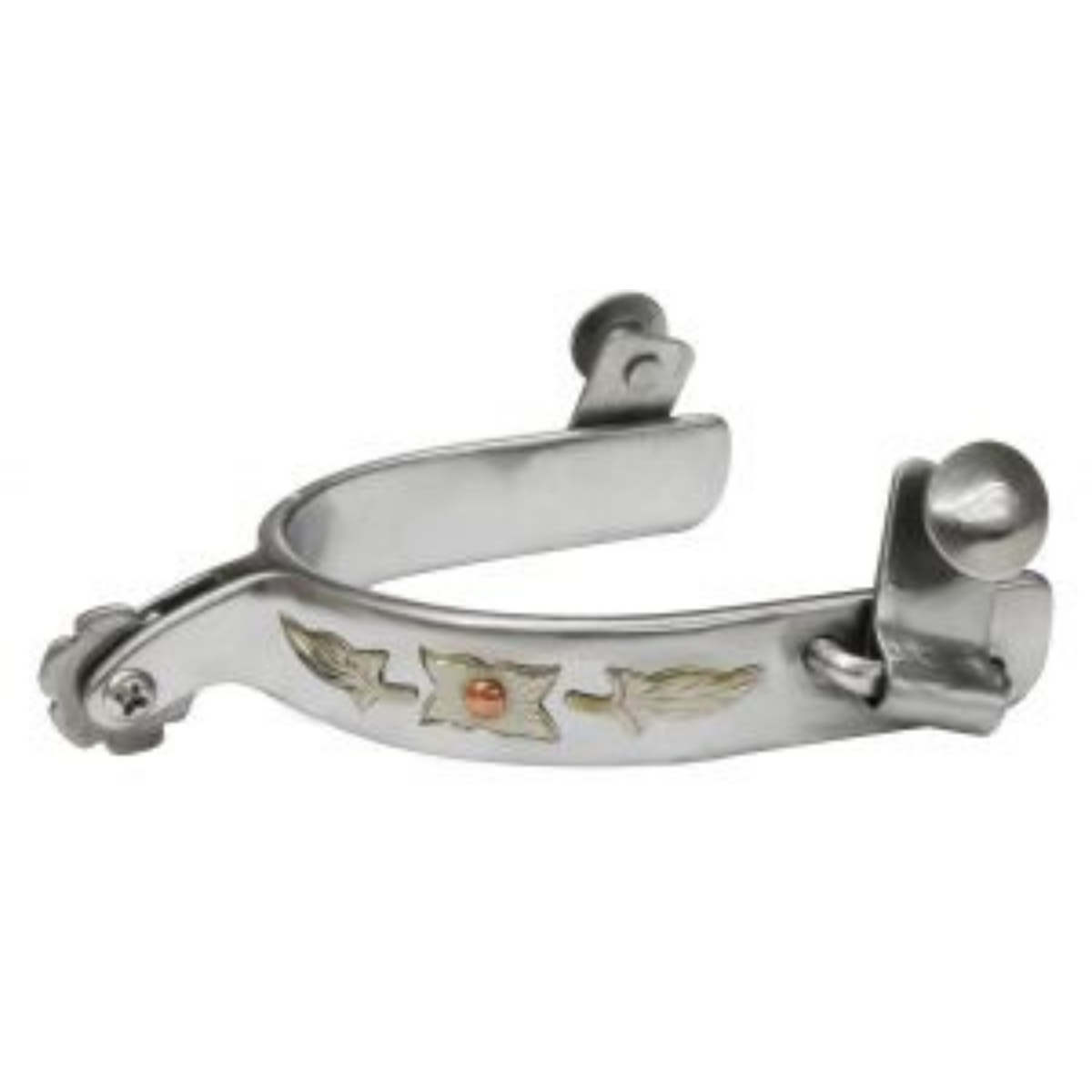 stainless steel spur features a downward curved shank, 3/4